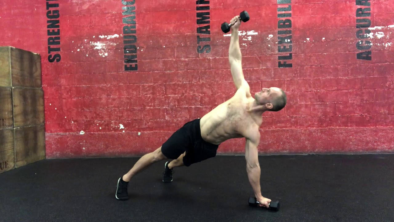Dumbbell hand plank alternating T rotations - YouTube