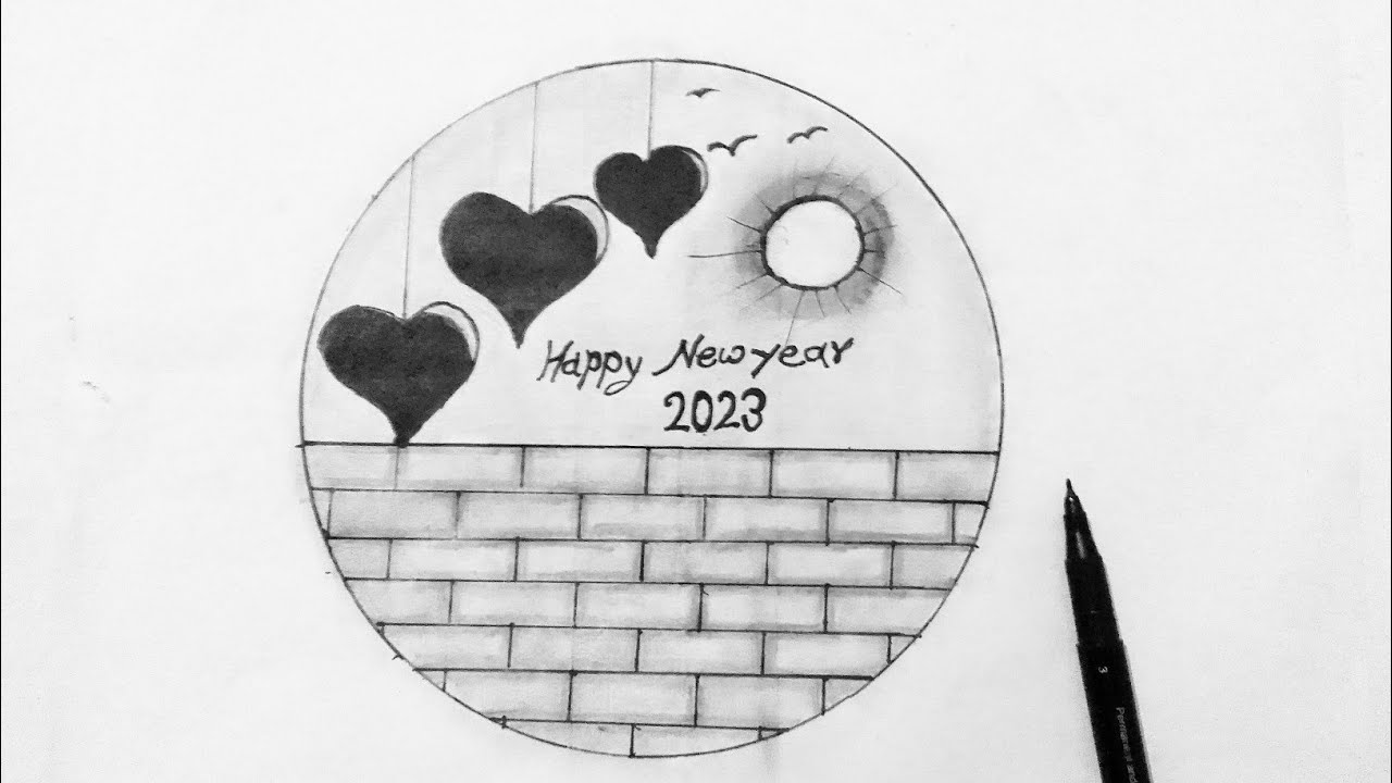 how to draw Happy New Year drawing| Easy scenery drawing| Easy drawing ...