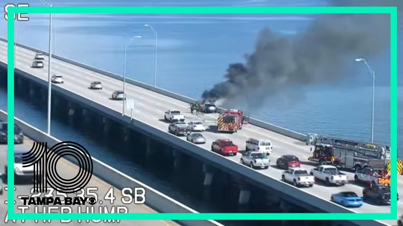 Car bursts into flames on the Howard Frankland Bridge - YouTube