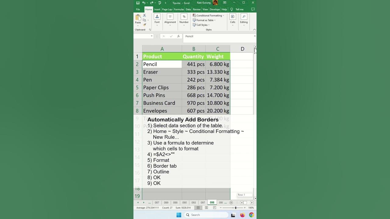 How to Make Borders Automatically Appear as Data is Added - Excel Tips and Tricks - YouTube