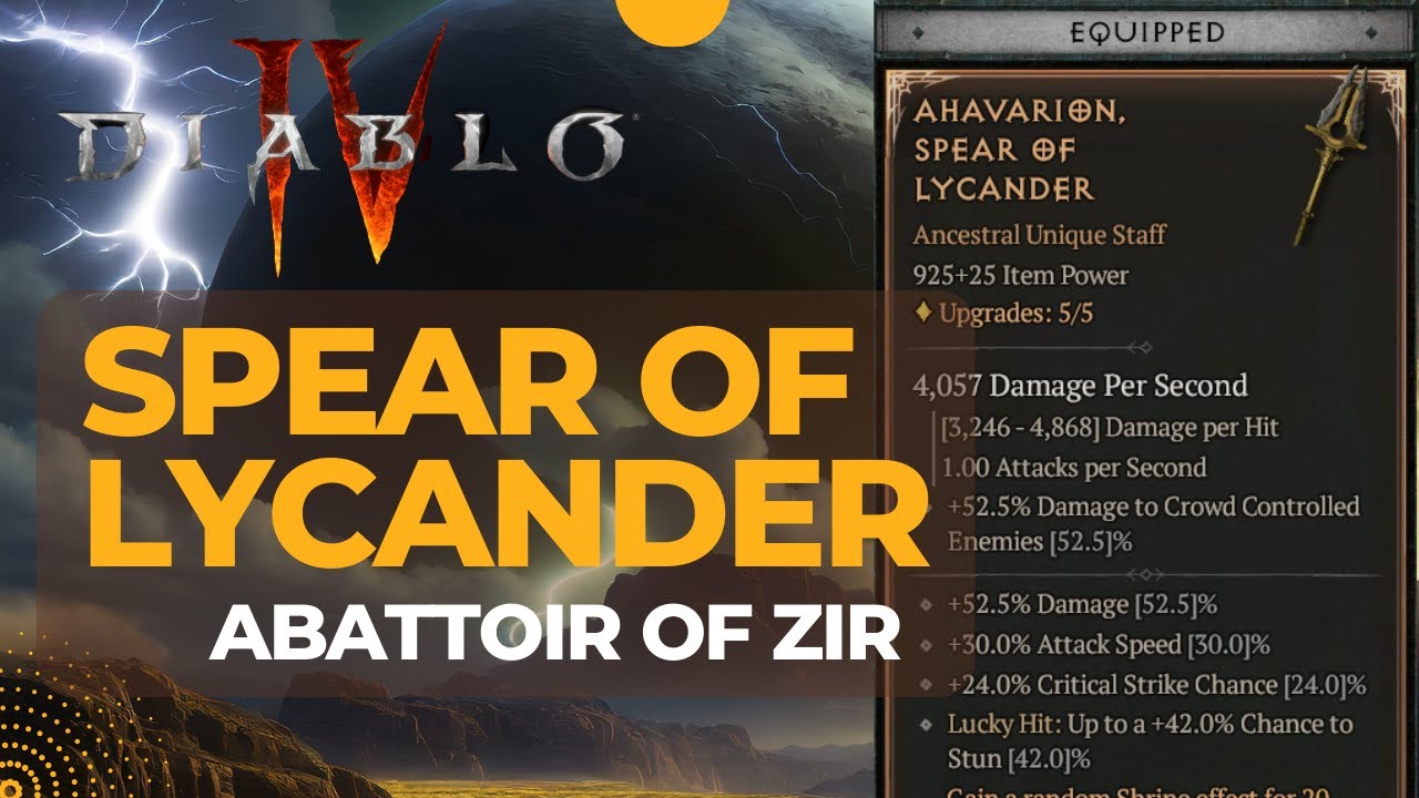 SPEAR OF LYCANDER - Diablo 4 | Abattoir Ball Lightning Sorc - YouTube