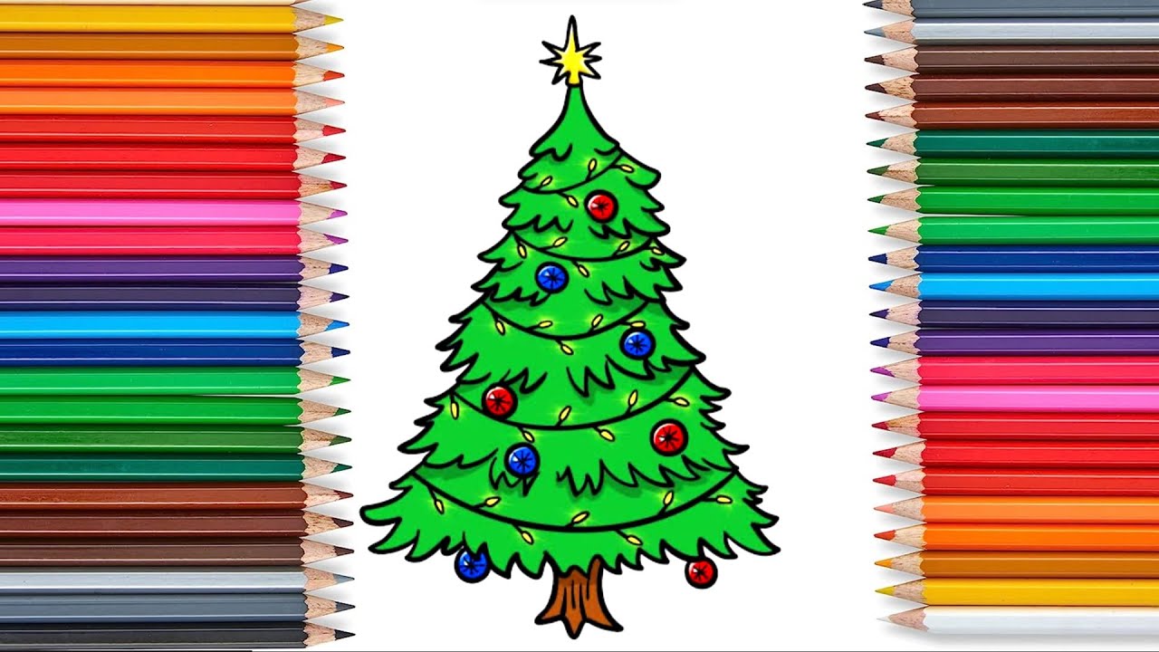How to draw and color Christmas tree, easy drawing for toddlers and ...