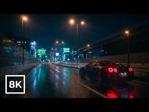 Tokyo Rainy Night Drive 🌧️ / 8K 60fps HDR / Rain & Car Sounds for Sleep (No Music, Binaural)