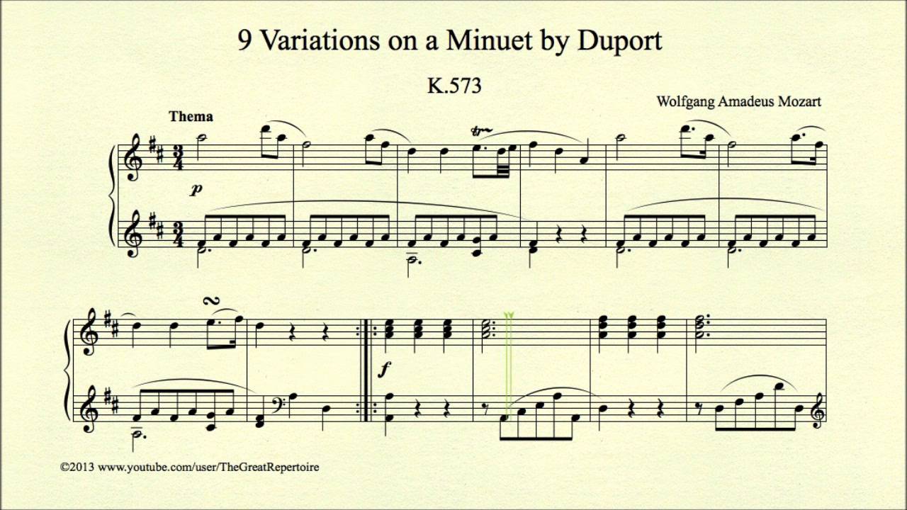 Mozart, 9 Variations on a Minuet by Duport, K 573, Thema - YouTube