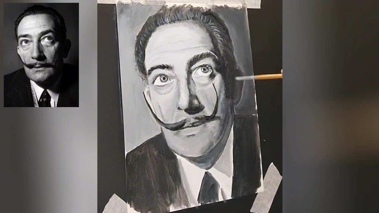 Painting Salvador Dalí in Black & White | Step-by-Step Acrylic Portrait ...