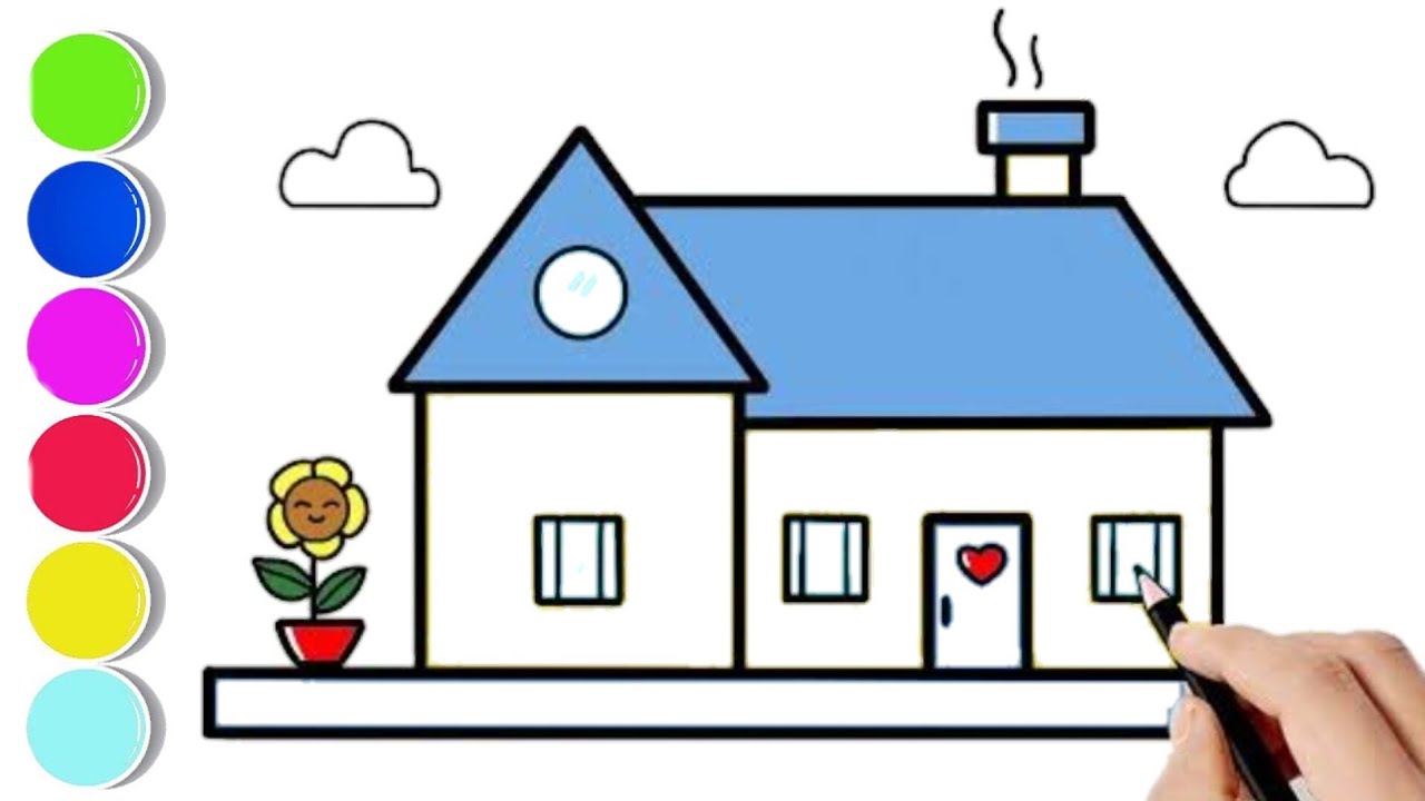 How to draw cute house for kids / cute home drawing and colouring for ...