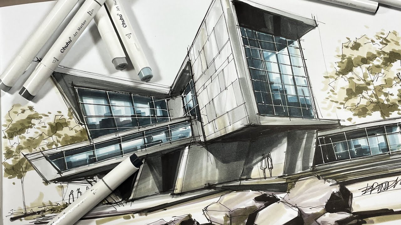 Sketching a glass and concrete building ft. Ohuhu markers - YouTube