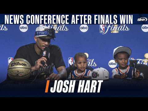Josh Hart reacts to winning an NBA title with Jalen Brunson and Mikal Bridges