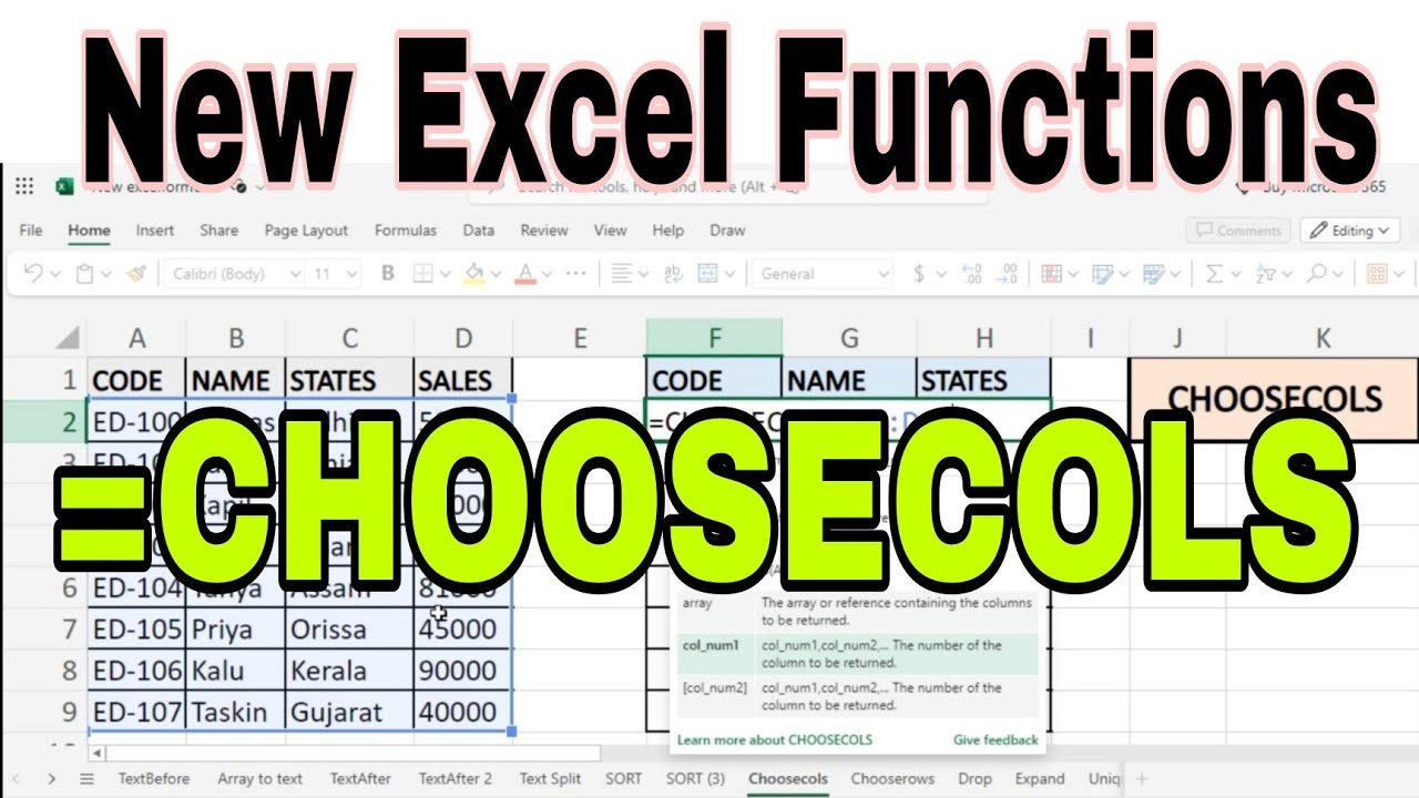 CHOOSECOLS Function in Excel - YouTube