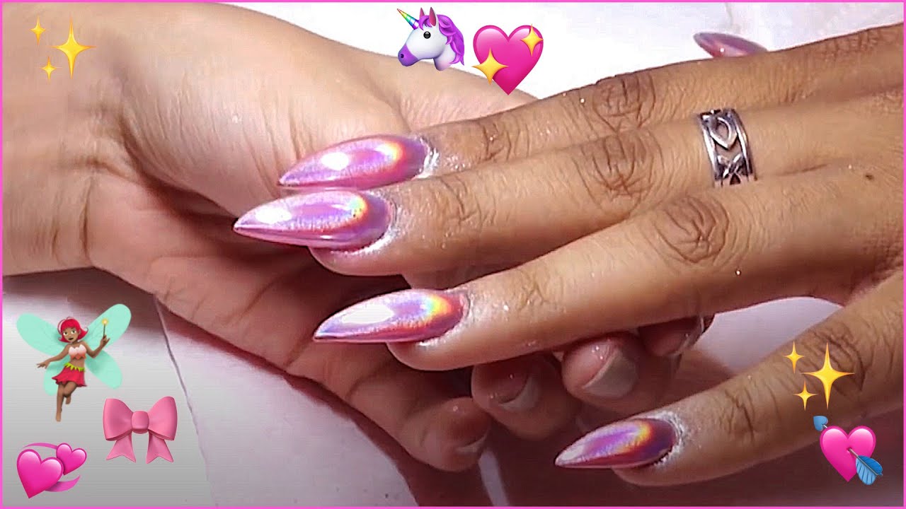 Pink Holo Acrylic Nails Stiletto Almond How To Tutorial Easy for ...