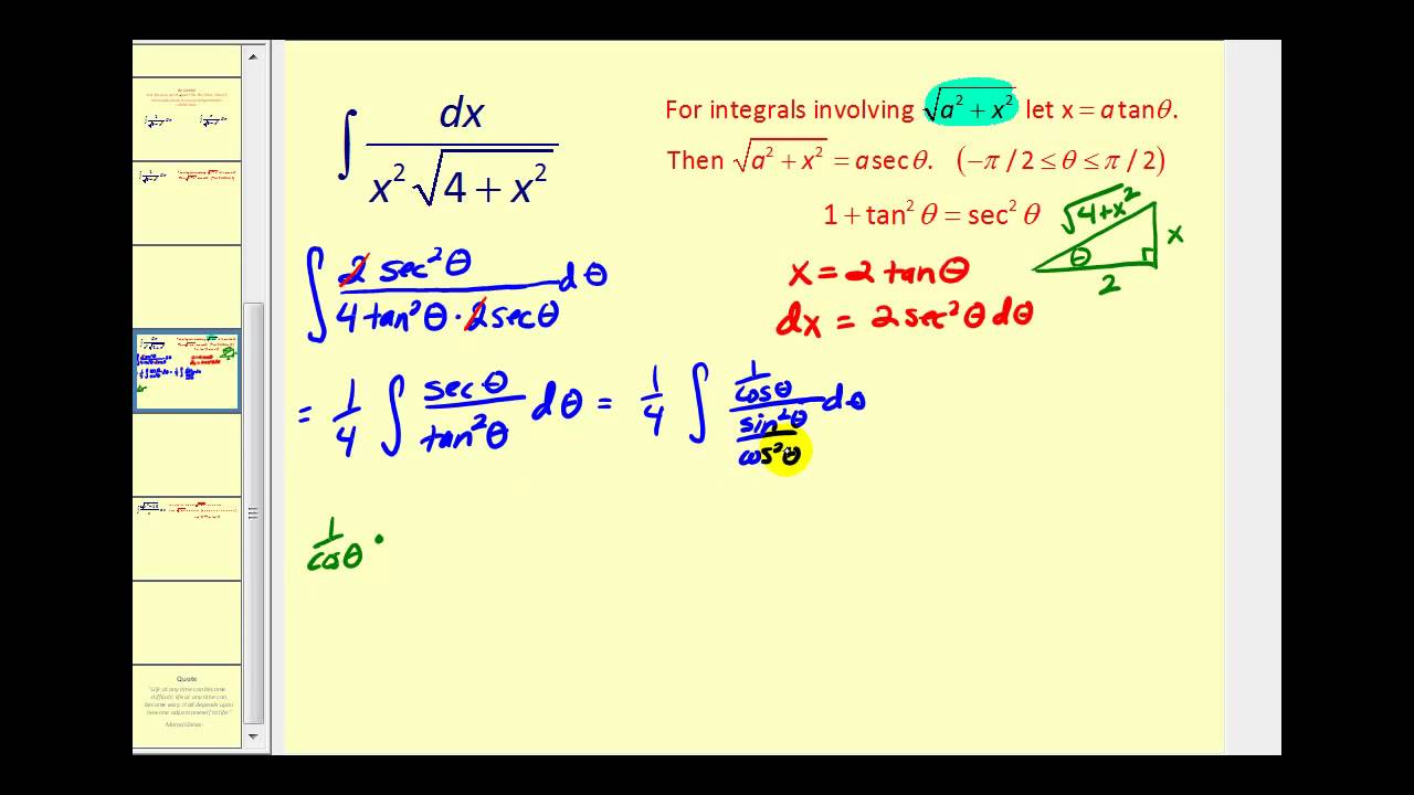 Integration Involving Trigonometric Substitution Part 2 - YouTube