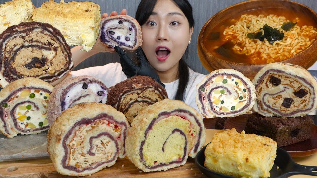 MUKBANG) 맘모스빵을 롤케익으로?!😮💖 투떰즈업 맘모롤 먹방 ※빵해장 라면 있음ㅎ 빵먹방 Dessert real sound ...