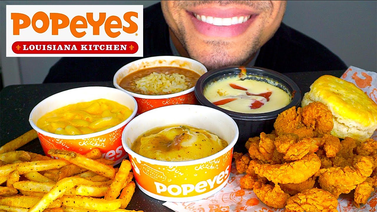 POPEYES MUKBANG CHICKEN | ASMR BISCUIT CAJUN SEAFOOD | COMMERCIAL | MAC ...
