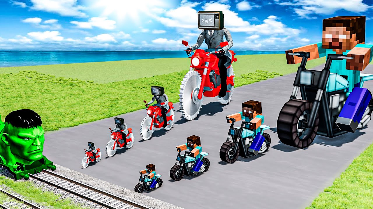 Big & Small TV Woman on Motorcycle vs Steve on Motorcycle vs Train ...