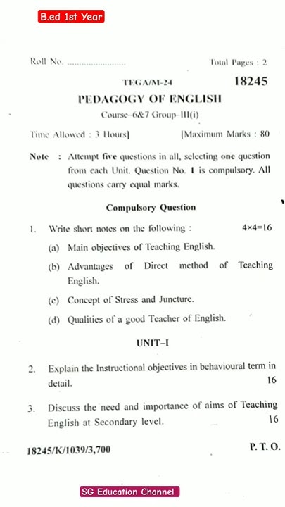 B.ed 1st Year Pedagogy of English Question Paper 2024 | Kurukshetra University - YouTube