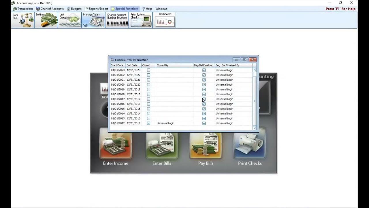 Church Windows Accounting: Manage Years (v24 & Newer) - YouTube