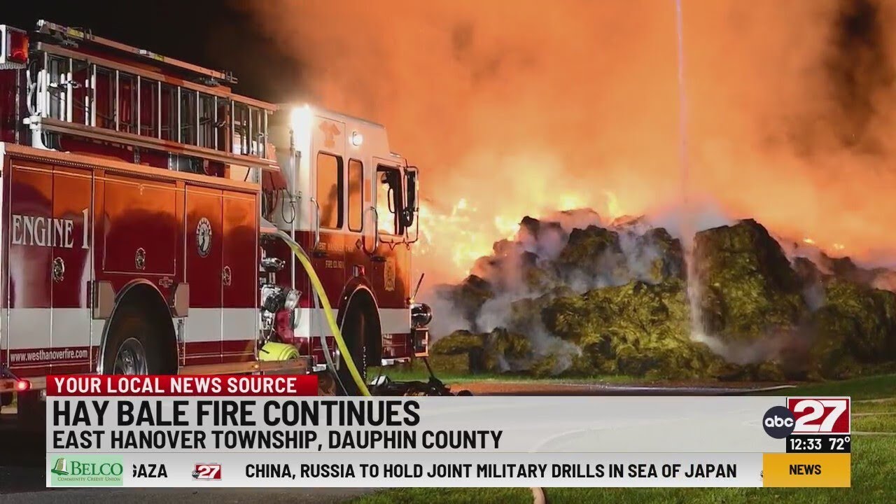 Firefighers battle massive hay bale fire in Dauphin County - YouTube