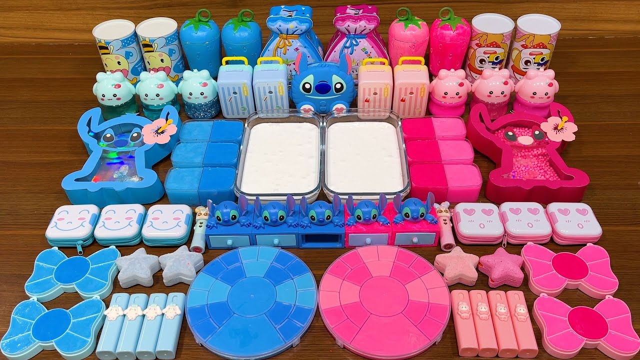 BLUE vs PINK STICH ! Mixing random into GLOSSY SLIME ! Relaxing Slime ...