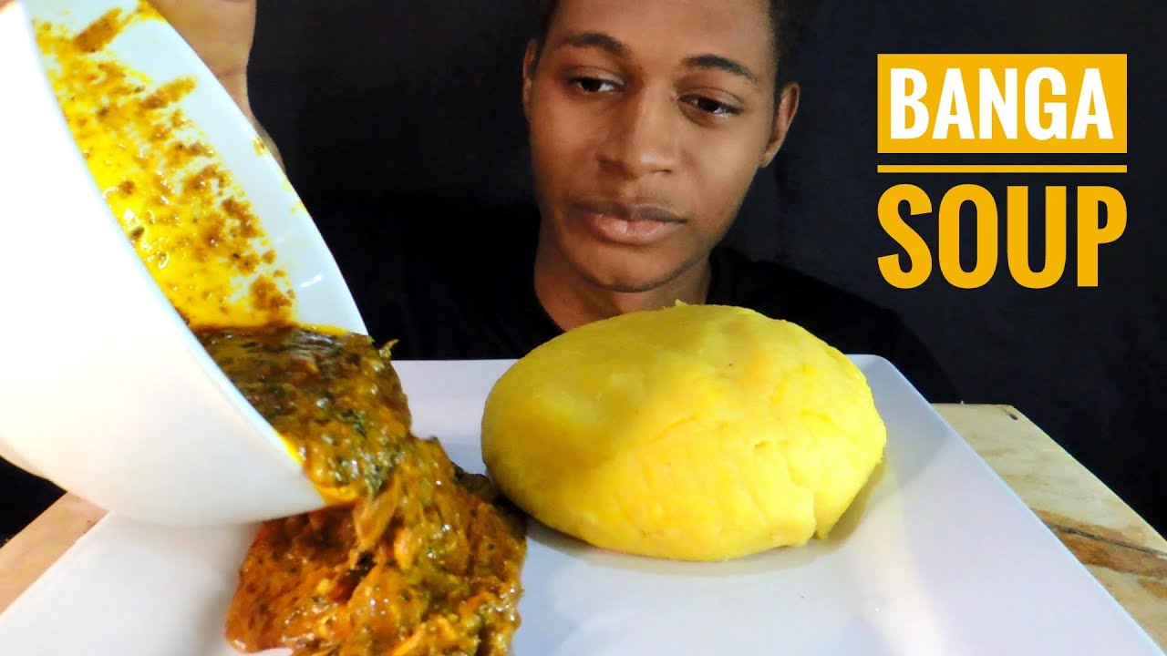 NIGERIAN ASMR BANGA SOUP, SEMOVITA BEEF,CHICKEN AND COW SKIN EATING(No ...
