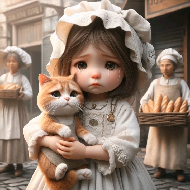 Kucing dan gadis malang ini, membeli roti dengan beberapa keping uang ...