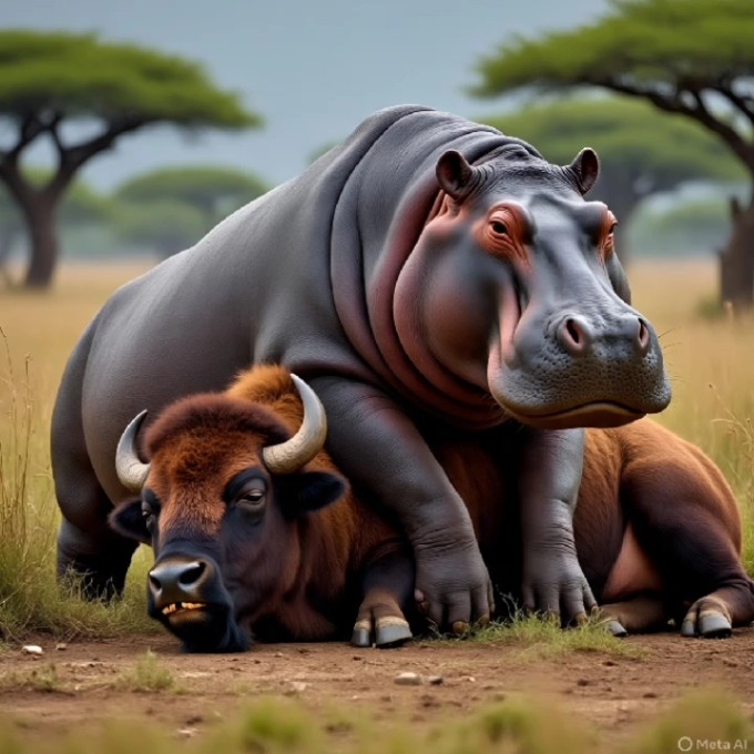 bison and hippo fighting hippo sit on bison - YouTube