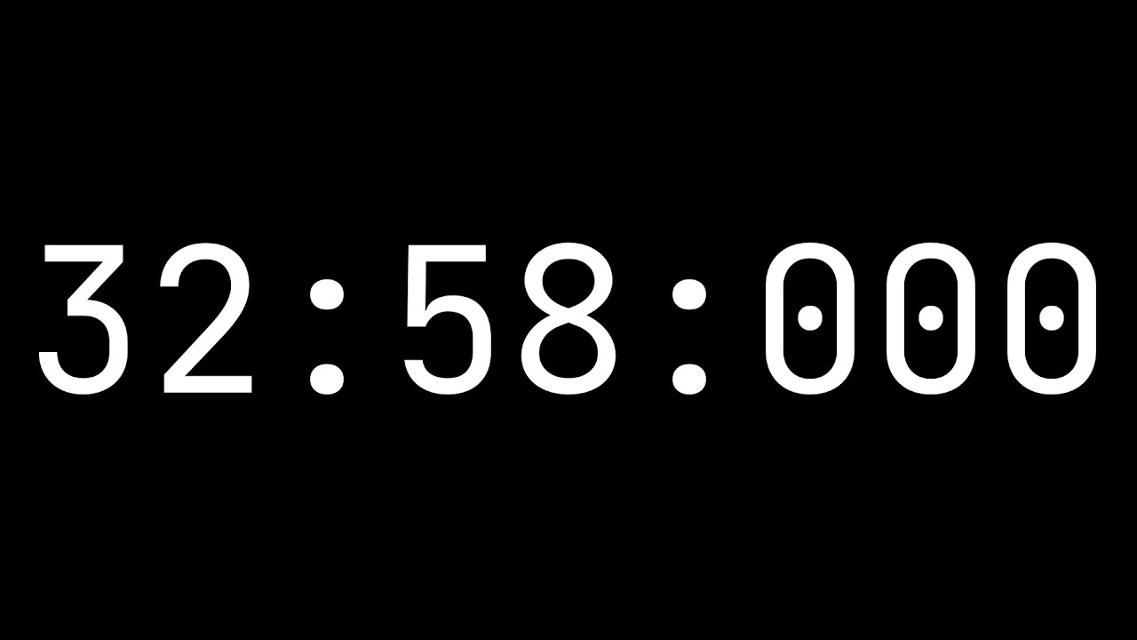 Countdown timer 32 minutes, 58 seconds [32:58:000] - White on black ...