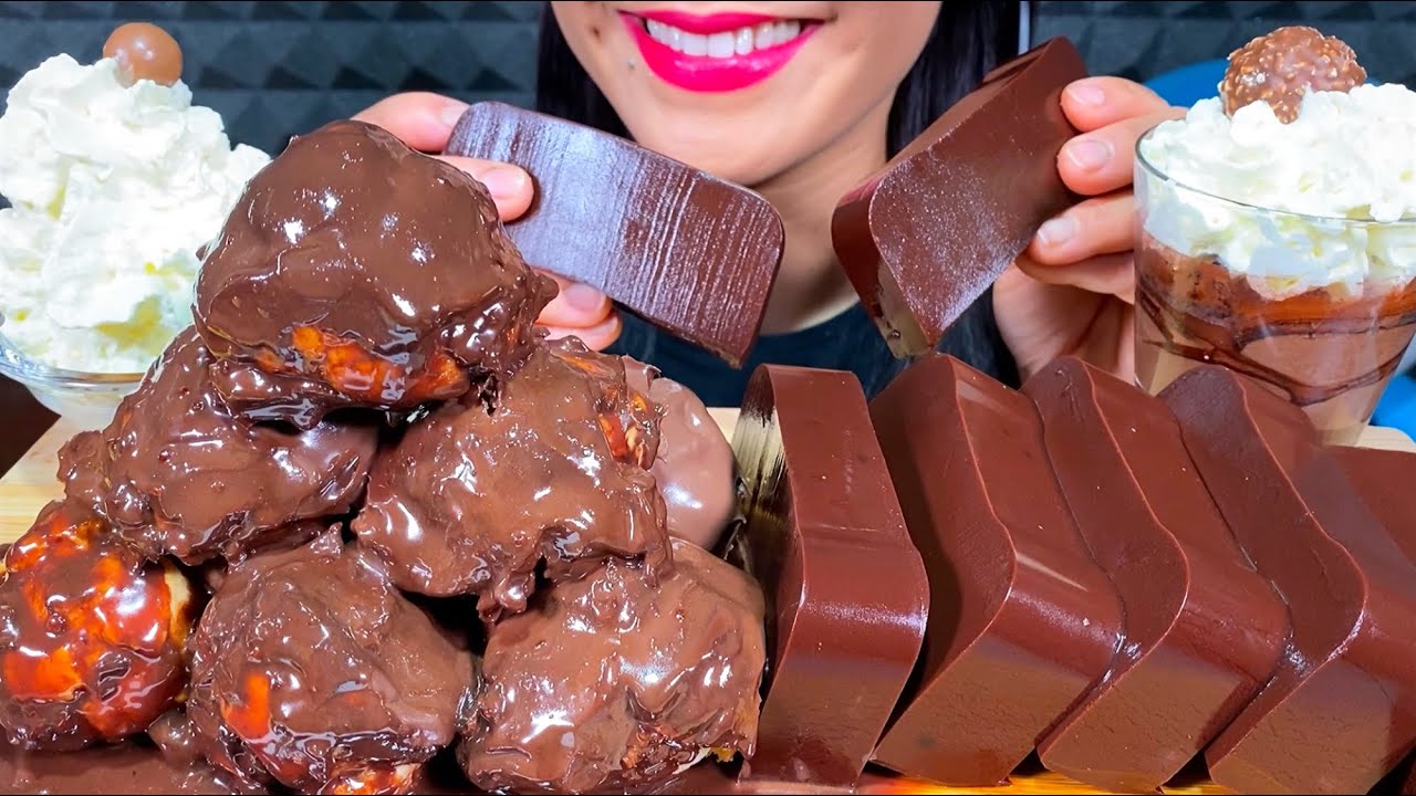 ASMR TRIPLE CHOCOLATE MOUSSE DESSERT, CHOCOLATE PUDDING, PROFITEROLE ...