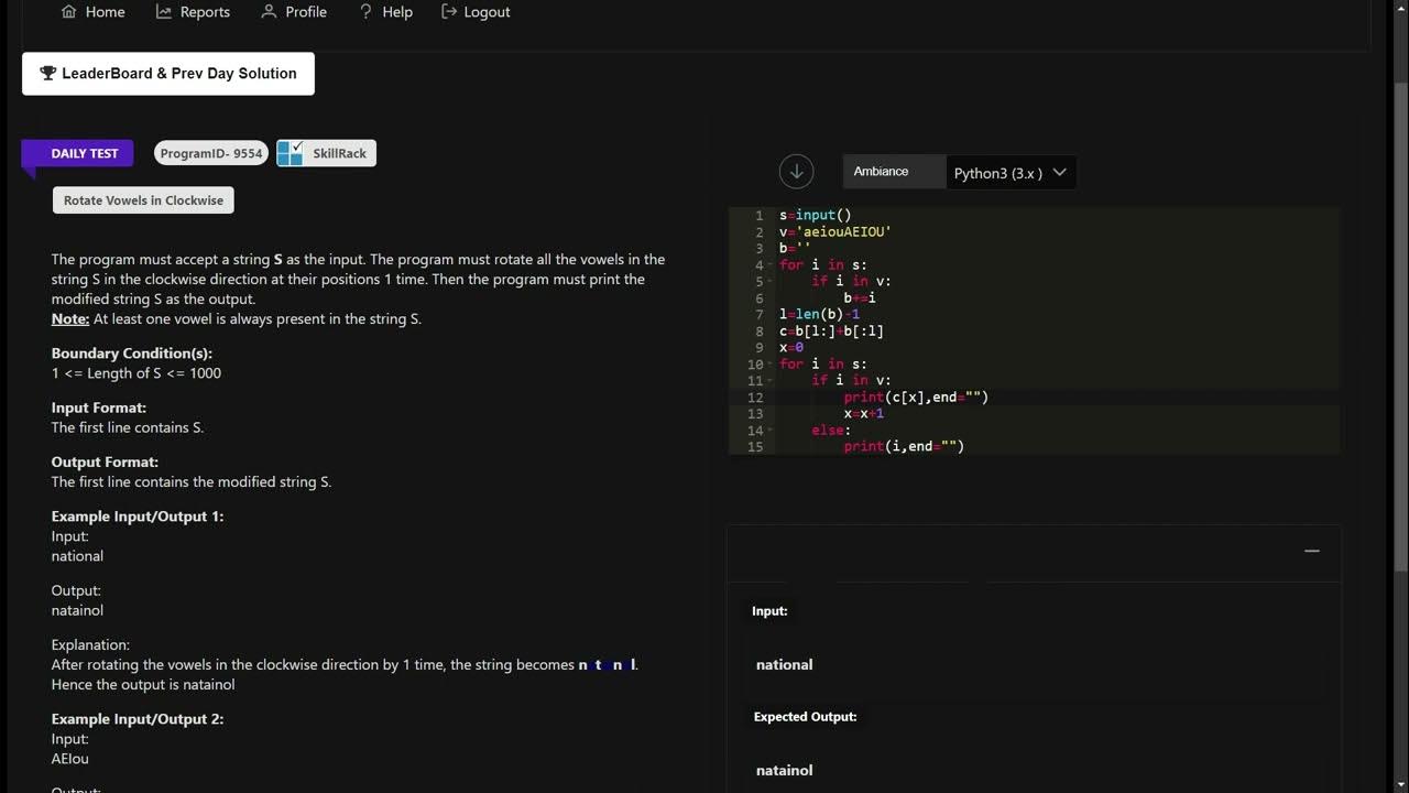 Skillrack Daily Test 18102023 Rotate Vowels In Clockwise Program Id 9554 Python