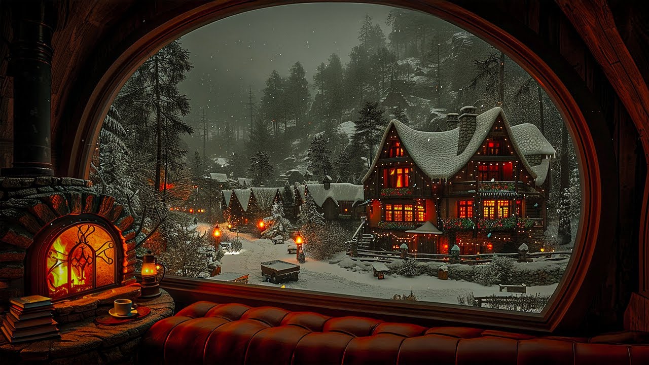Glowing Winter Hamlet Seen from a Hobbit-Like Study Nook | Dark ...
