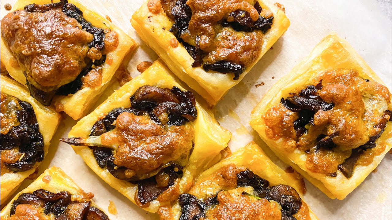 Mushroom Onion Cheesy puff bites | Cheesy puffs | Easy puff pastry ...