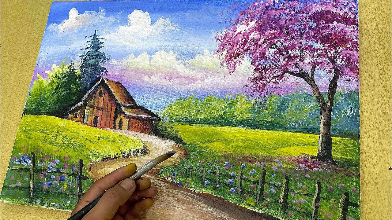 How to draw a spring scene / acrylic painting - YouTube