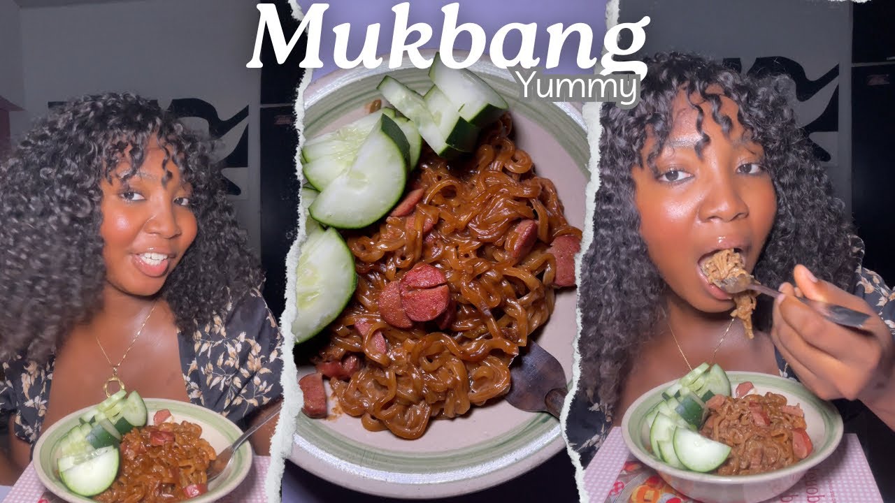 Buldak Chacharoni noodles with cucumber and sausages mukbang - YouTube