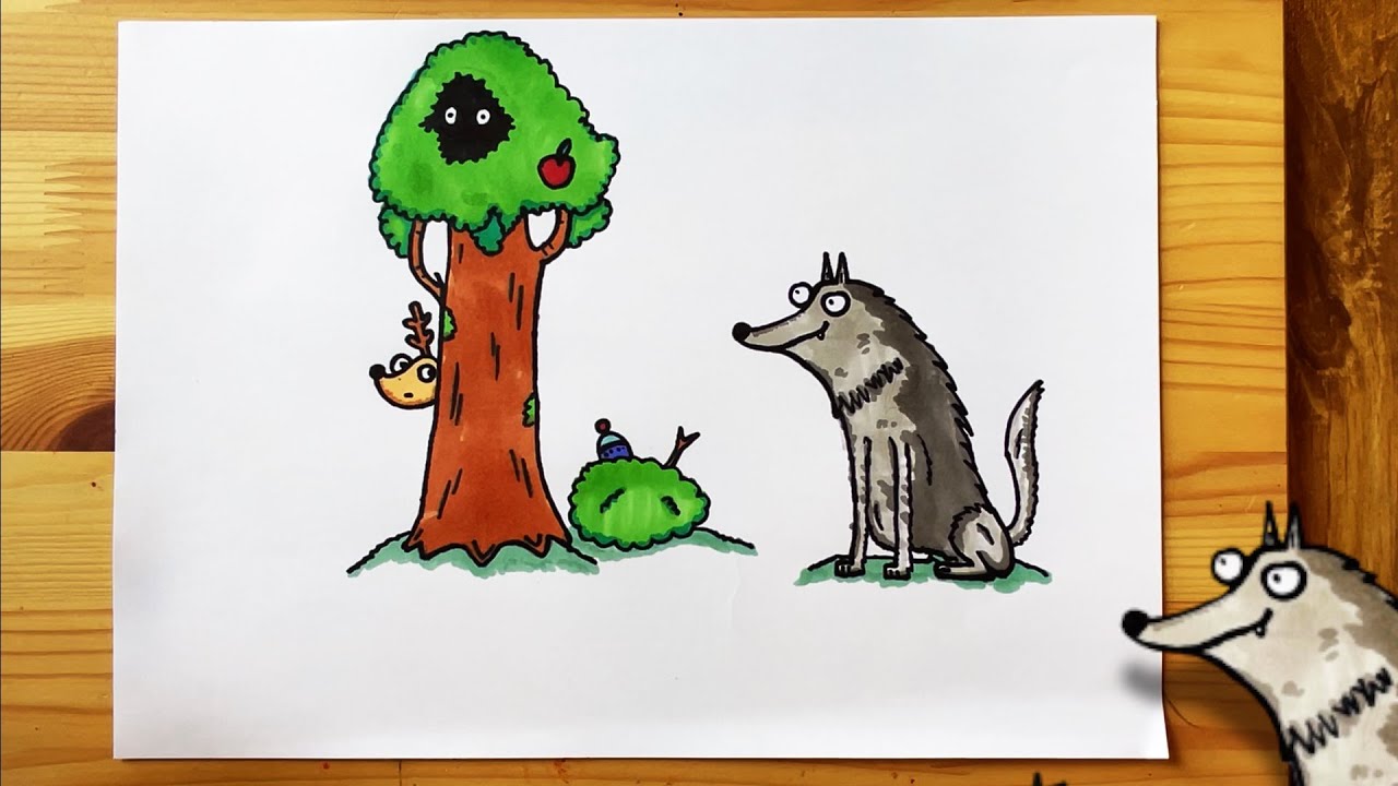 Drawing with Juni #161: How to draw a Wolf+Tree - YouTube