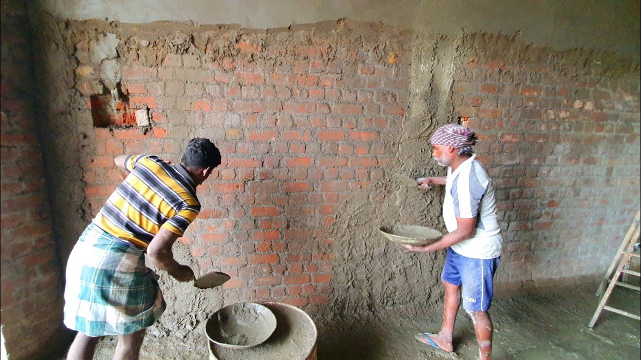 Wall Plastering Techniques_Building Long BrickWall Speed Plastering with Cement mix|Plastering ...