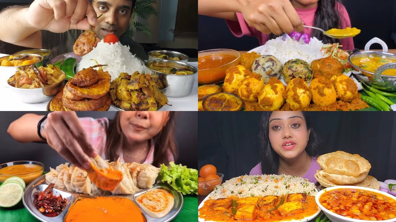Asmr Eating Dal Chaval, Lots of Veggies, Momo, Paneer Masala, Egg Curry ...