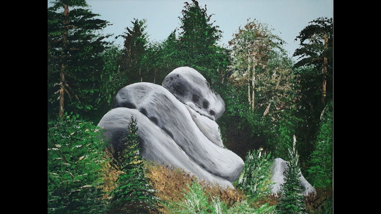 Landscape painting - acrylic - trees and smooth stone - malba krajiny ...