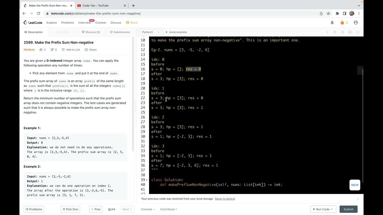 leetcode 2599. Make the Prefix Sum Non-negative - linear scan and use heap to retrieve min - YouTube