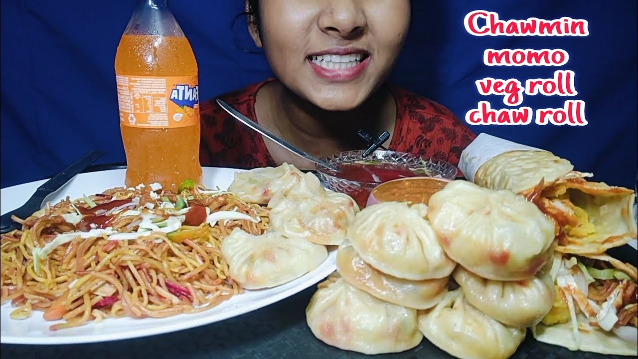 EATING CHAWMIN,MOMO,VEG ROLL, CHAW ROLL🔥,STREET FOOD CHALLENGE, MOMOS ...