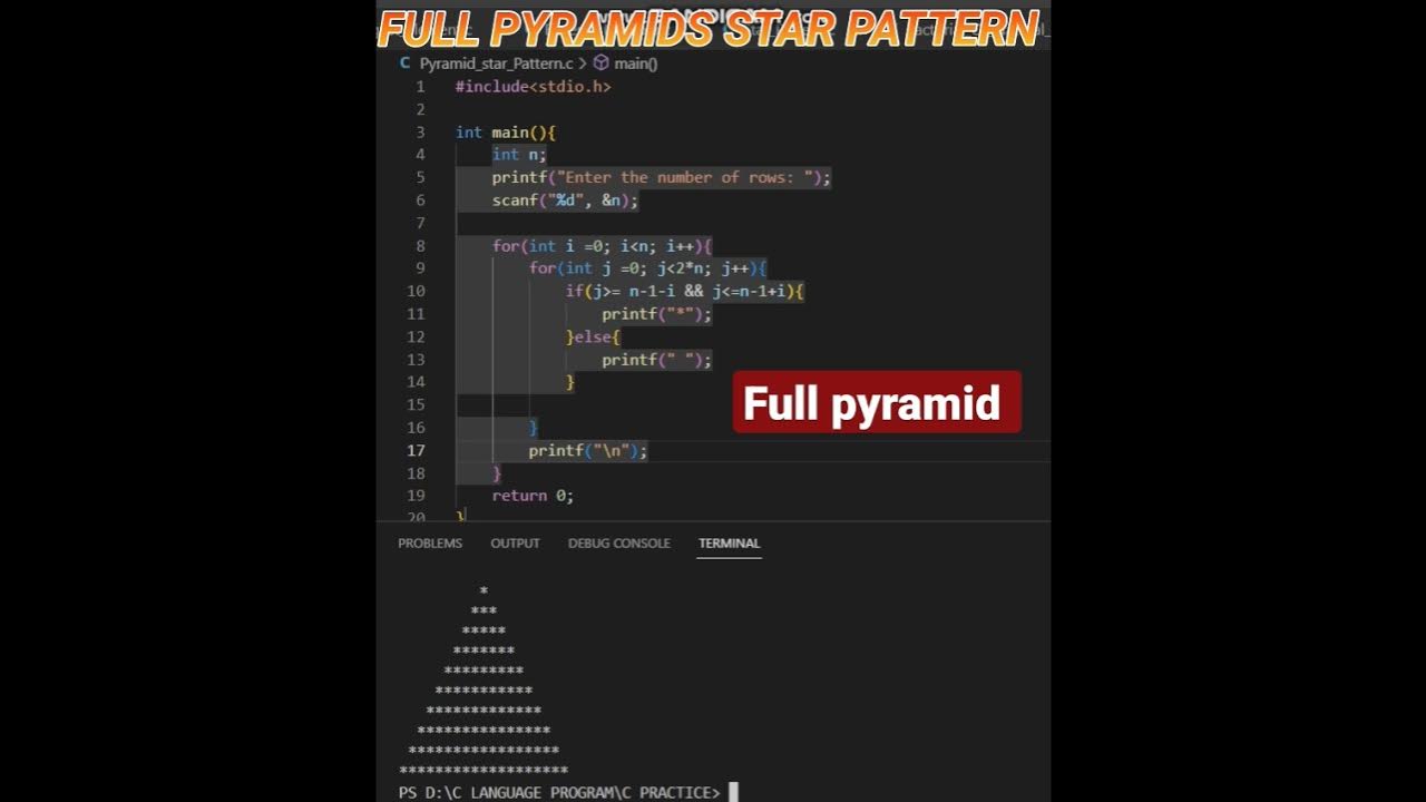 Full Pyramid Pattern In C Language Pattern In C Coding Python Pythonturtle Clanguage Youtube