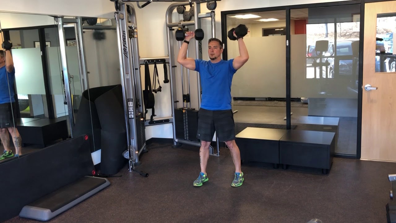 Squat to Dumbbell Shoulder Press (staggered stance) - YouTube