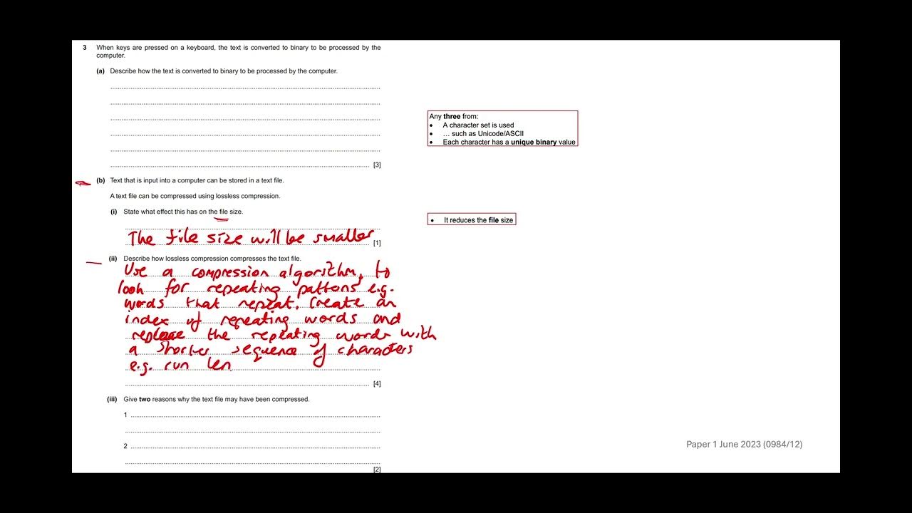 Q3 b i and ii * DESCRIBE LOSSLESS COMPRESSION * Cambridge iGCSE ...