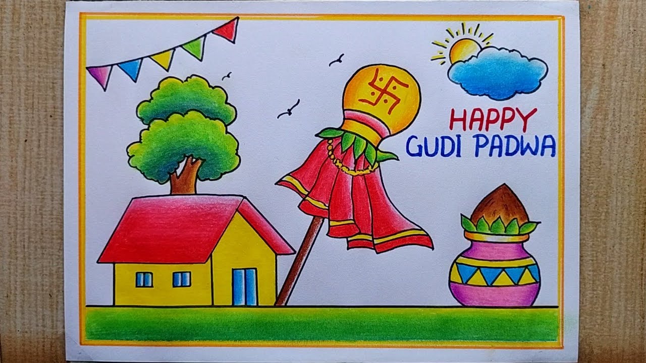 Very easy Gudi Padwa Drawing| Happy Gudi padwa festival drawing| Gudi ...