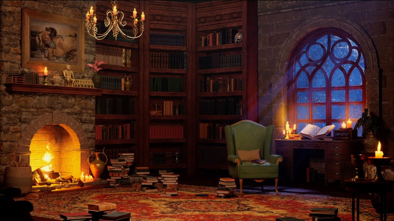 Old Library Room | Study Ambience | Crackling Fireplace Sounds, Howling ...