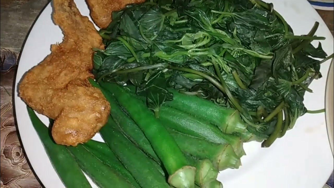 NILAGANG OKRA,NILAGANG TALBOS NG KAMOTE AT FRIED NA MANOK PARA SA TANGHALIAN/MUKBANG - YouTube