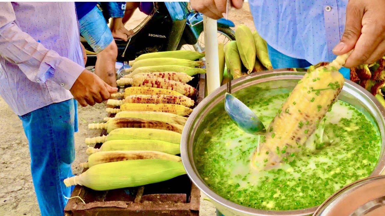 Popular! Roasted Corn with coconut paste delicious. street food form ...