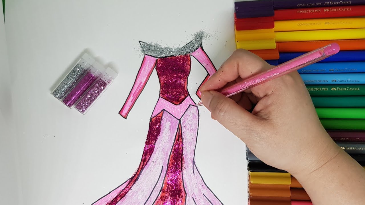 Glitter Aurora dress drawing and coloring shoes and crown for kids ...