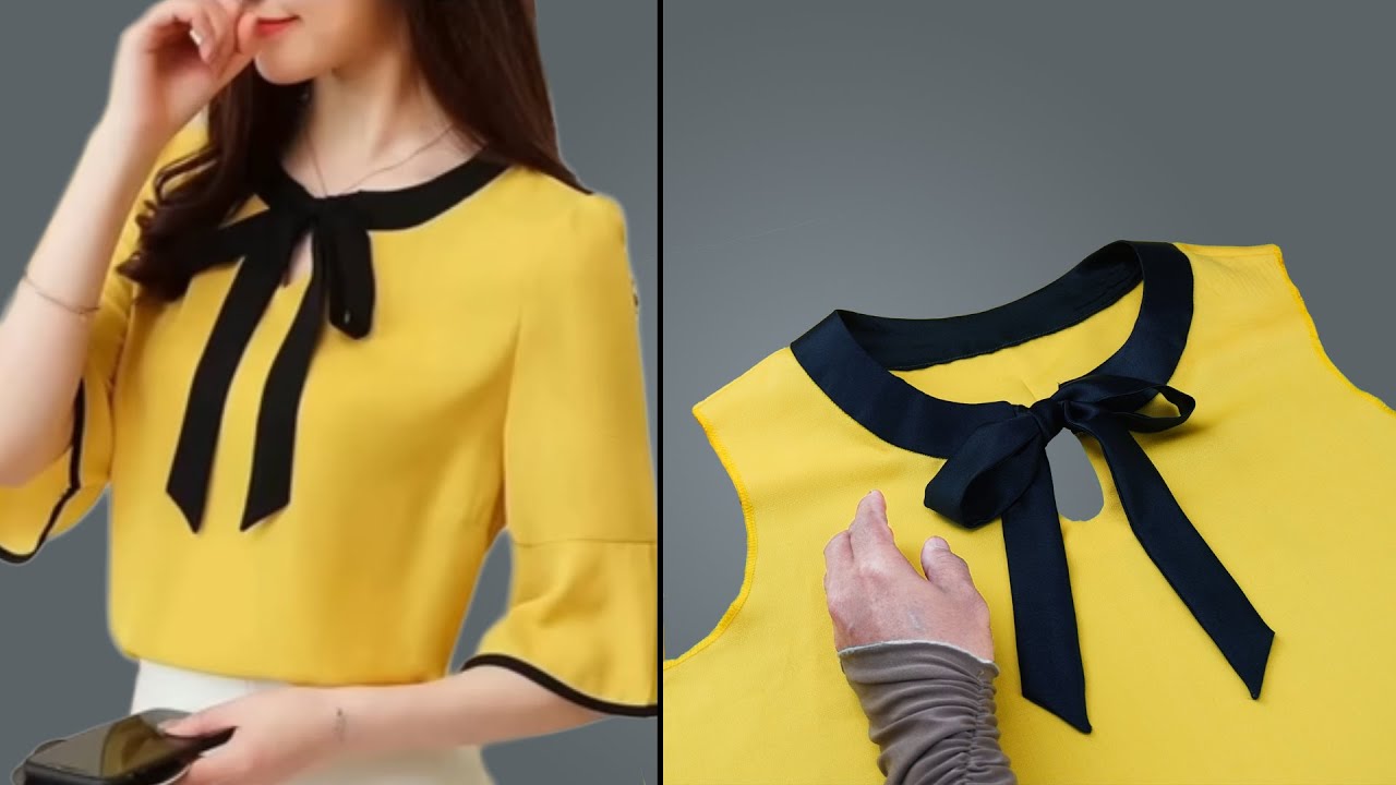 Easy Round Neck For Beginner⭐️Contrast Tie Bow Tutorial - YouTube