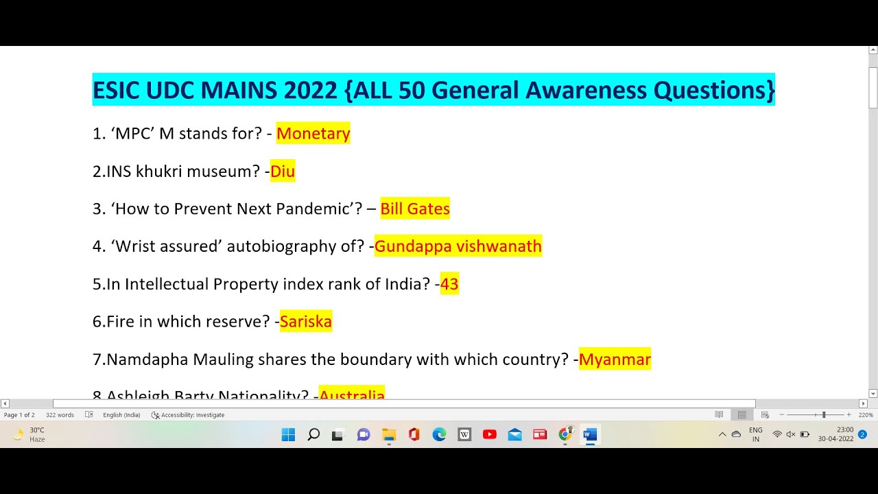 ESIC UDC Mains 2022 All 50 General Awareness Questions with Answers ...