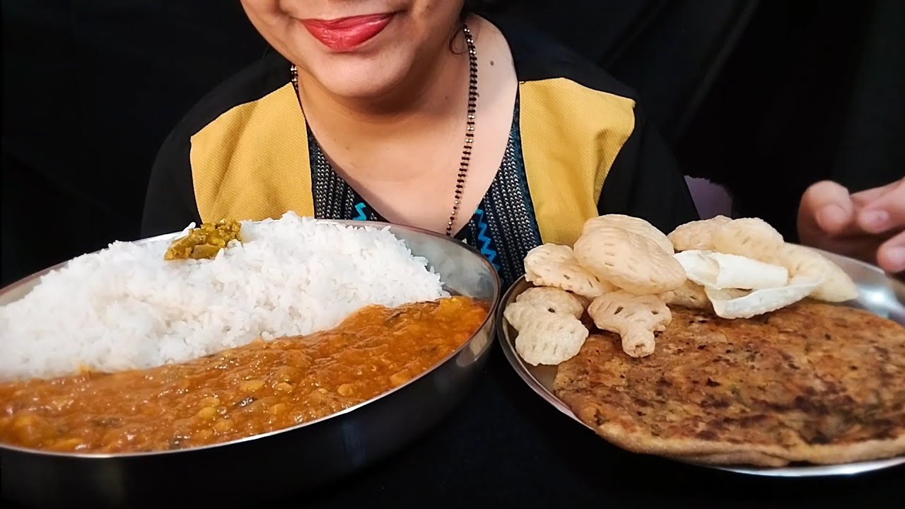 ASMR EATING CHANA DAAL CHAWAL WITH ACHARI PYAZ PARATHA PAPAD#asmreating ...