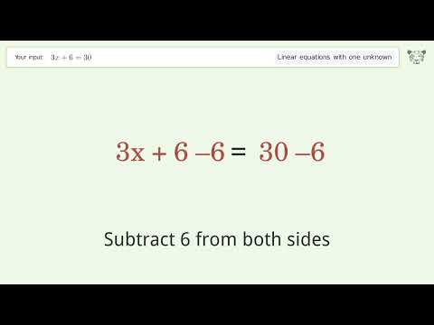 Linear equation with one unknown: Solve 3x+6=30 step-by-step solution - YouTube
